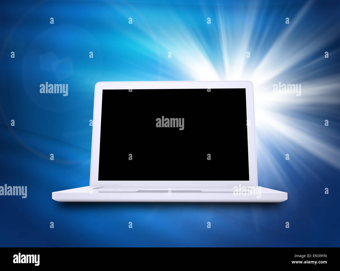 Laptop on abstract blue background Stock Photo - Alamy