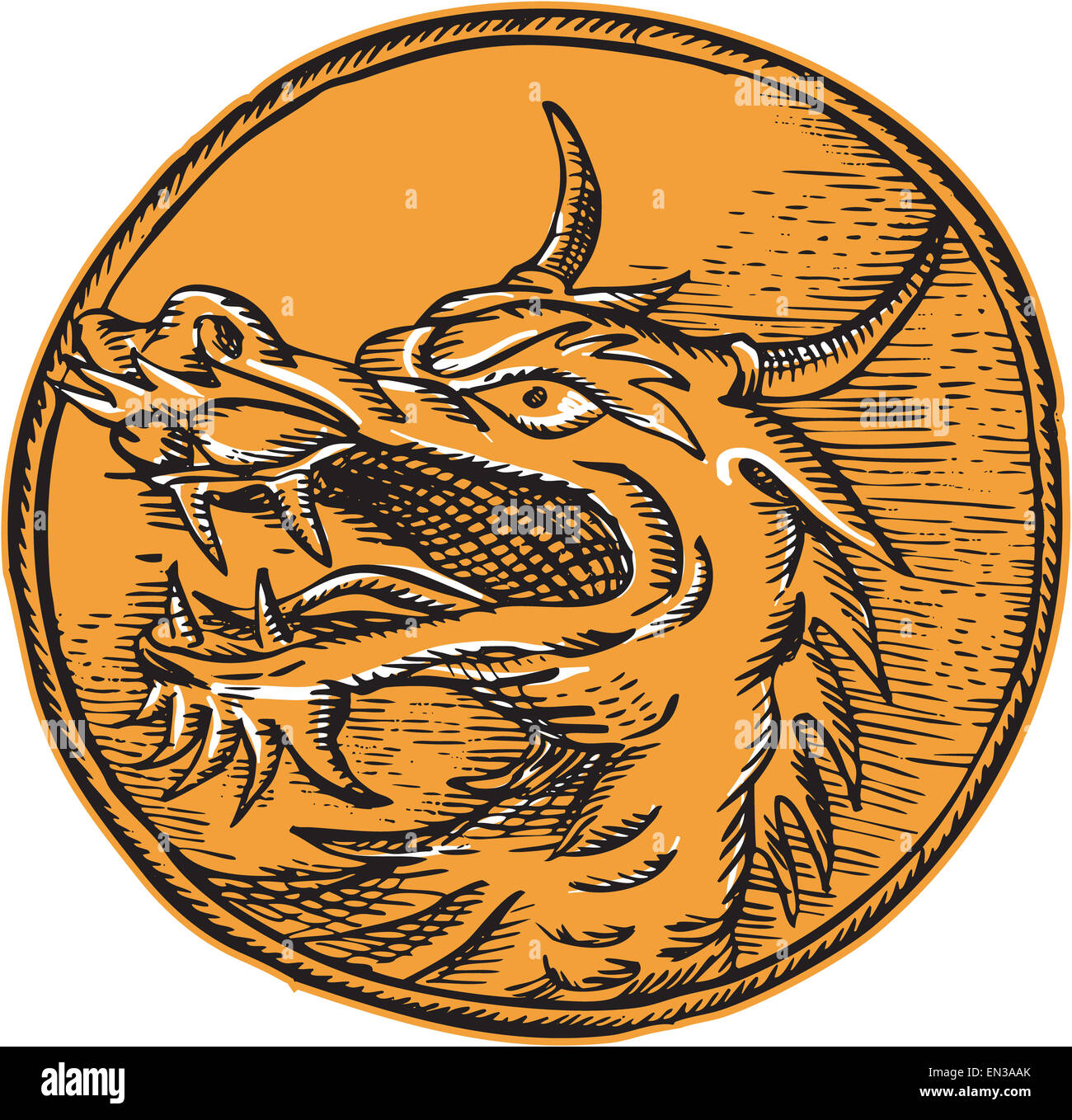 Etching engraving handmade style illustration of a chinese dragon head ...