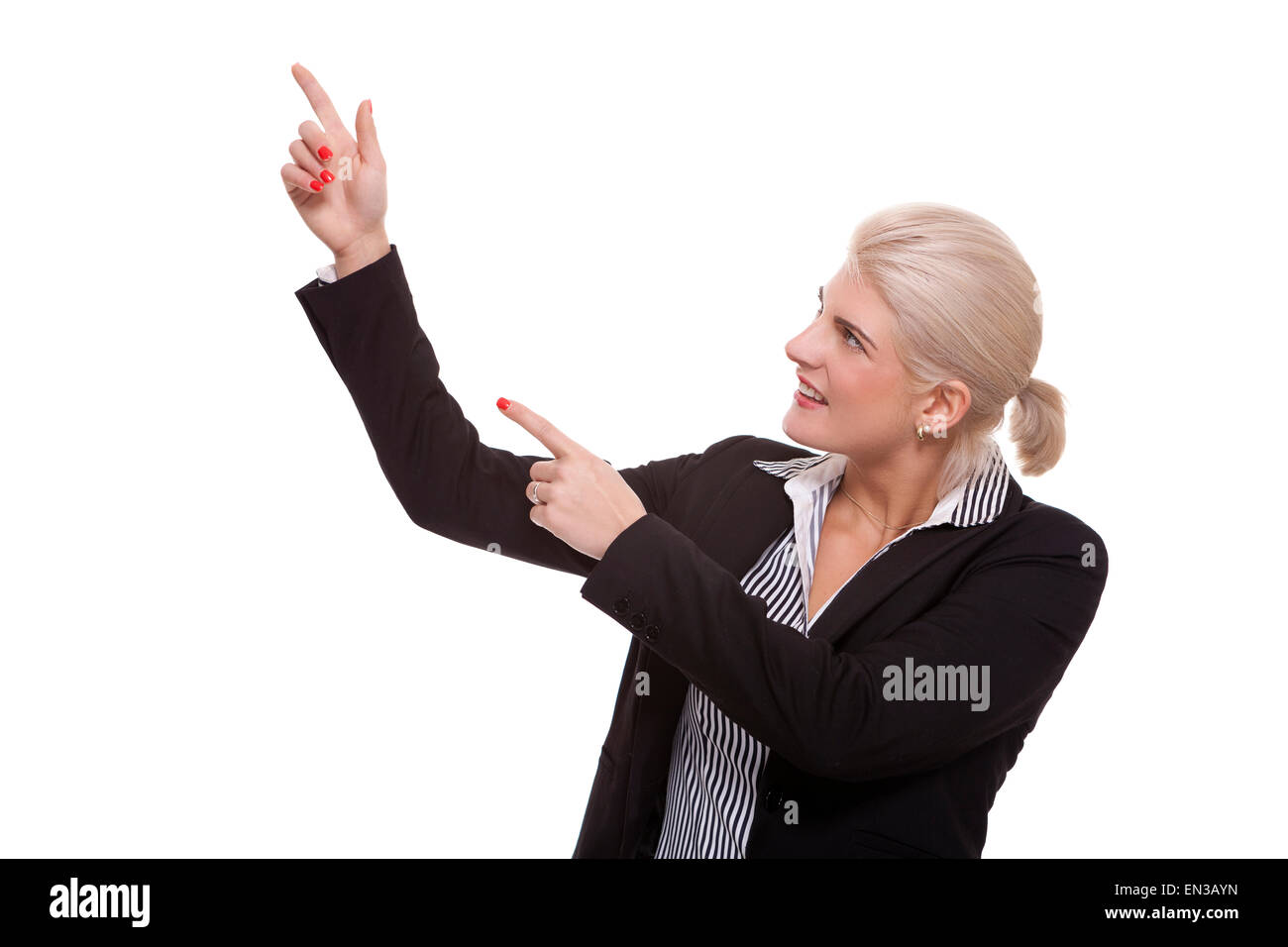Close up Pretty Smiling Young Businesswoman Pointing Up with her Two ...