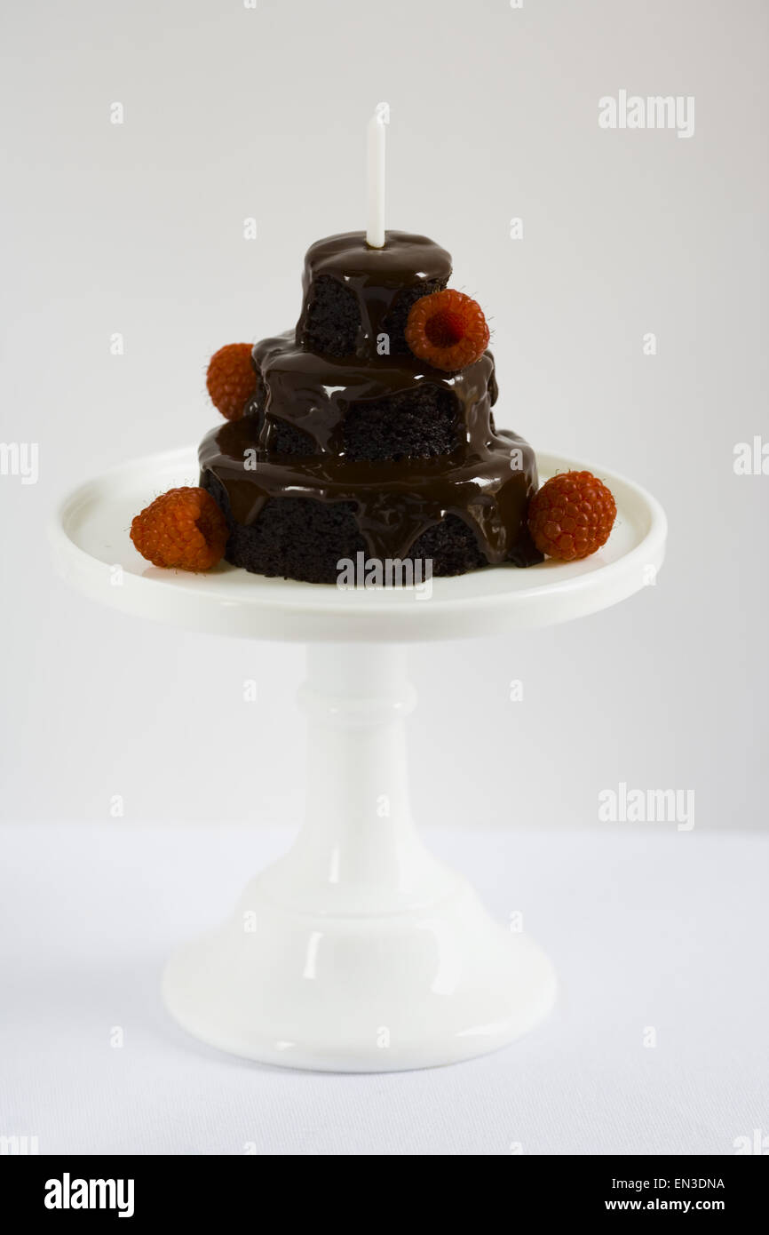 Chocolate birthday cake with raspberries and candle Stock Photo - Alamy
