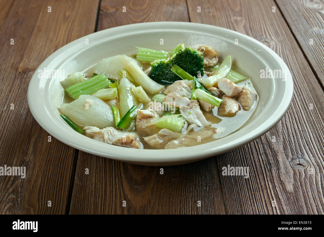 Cock-a-leekie soup - Scottish soup dish of leeks and chicken stock ...