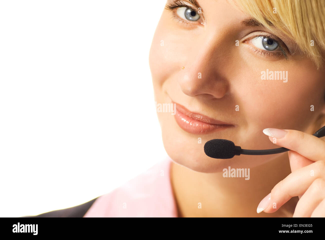 Beautiful hotline operator with headset isolated on white background ...