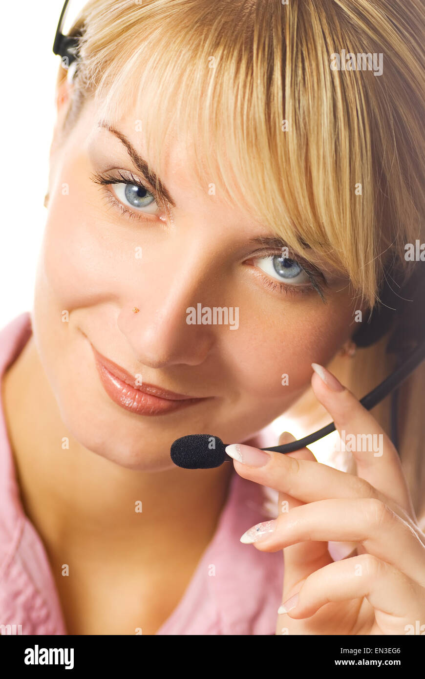 Friendly hotline operator close-up portrait Stock Photo - Alamy