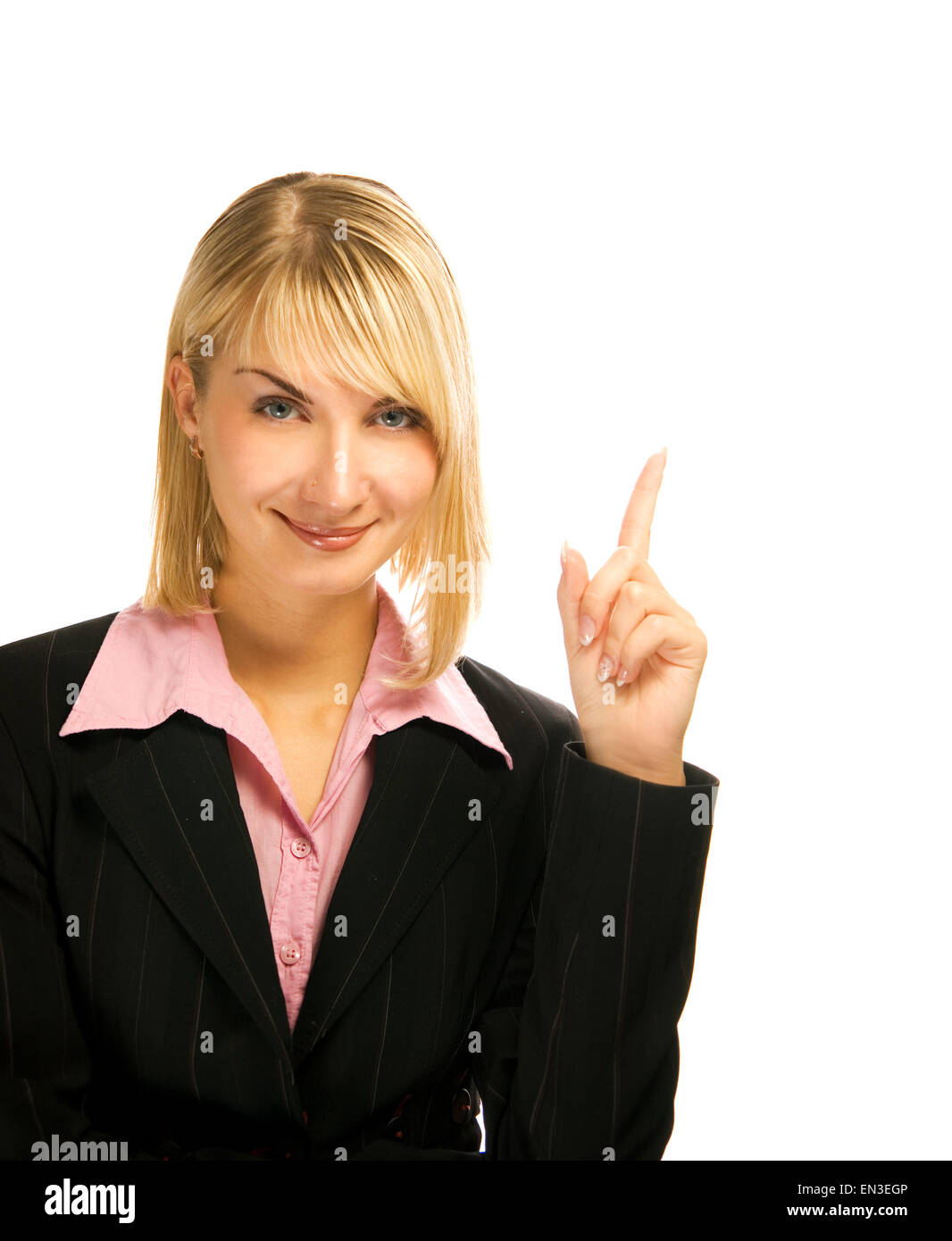 Beautiful business woman pointing her finger. Isolated on white ...