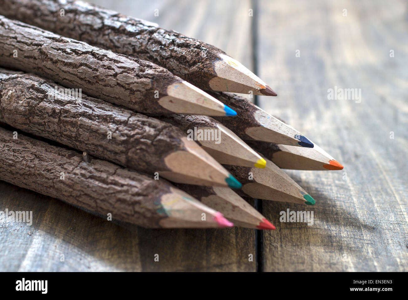Group of bark covered branch multicolored pencils on wooden background ...