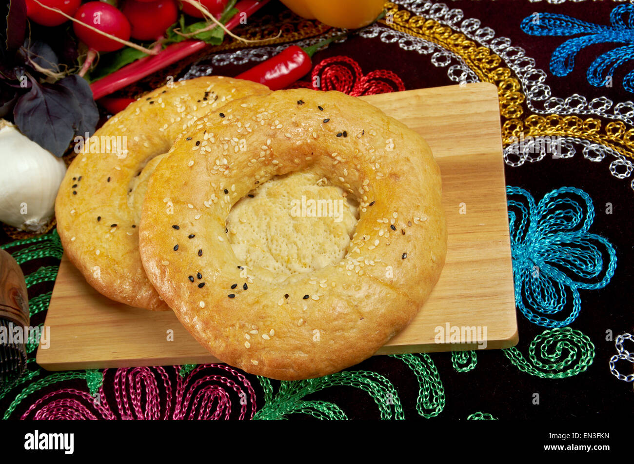Central Asian cuisin - Ethnic uzbek bread Stock Photo - Alamy
