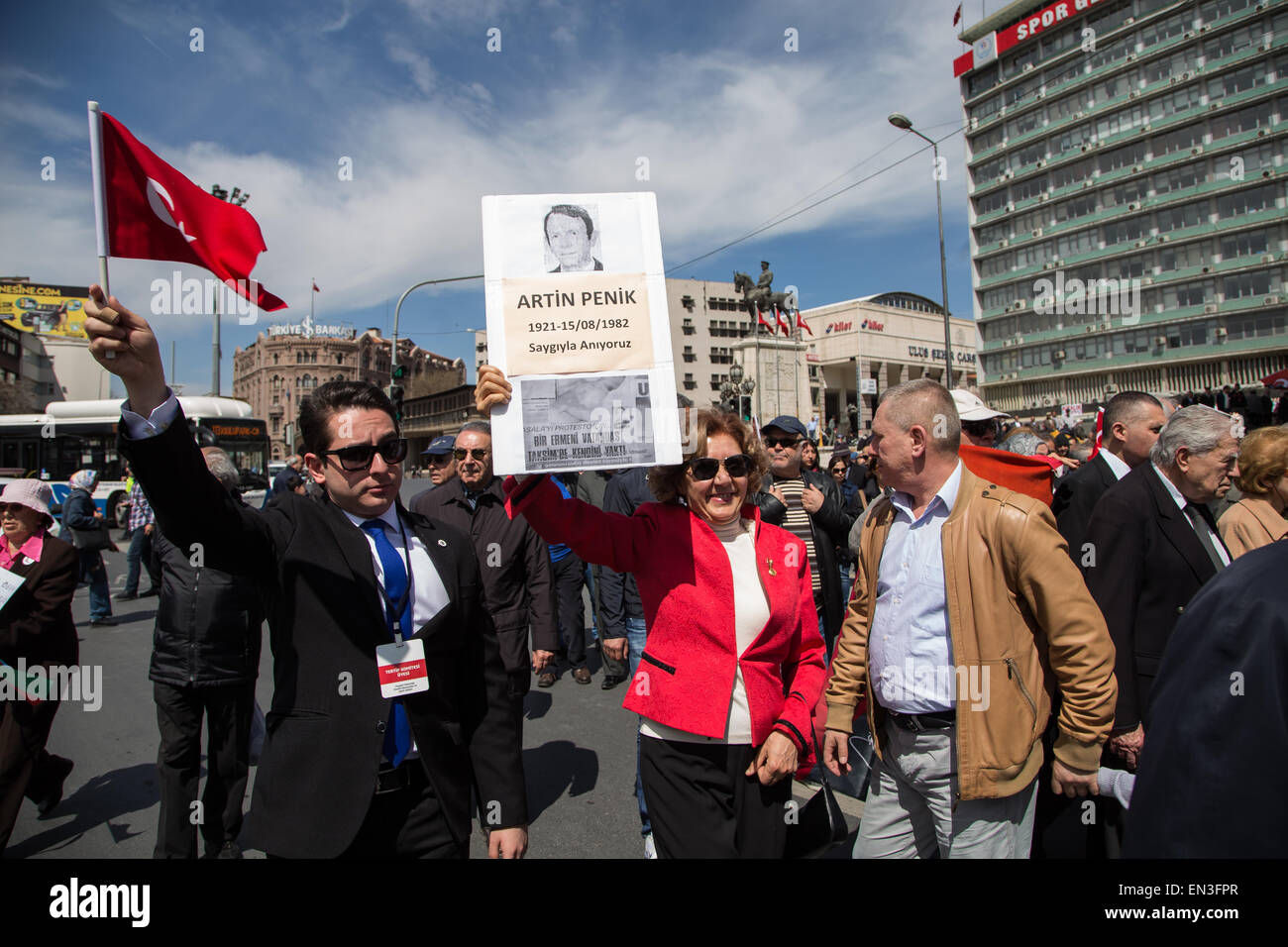 Ankara, Turkey. 25th Apr, 2015. A retired diplomat holds a placard ...