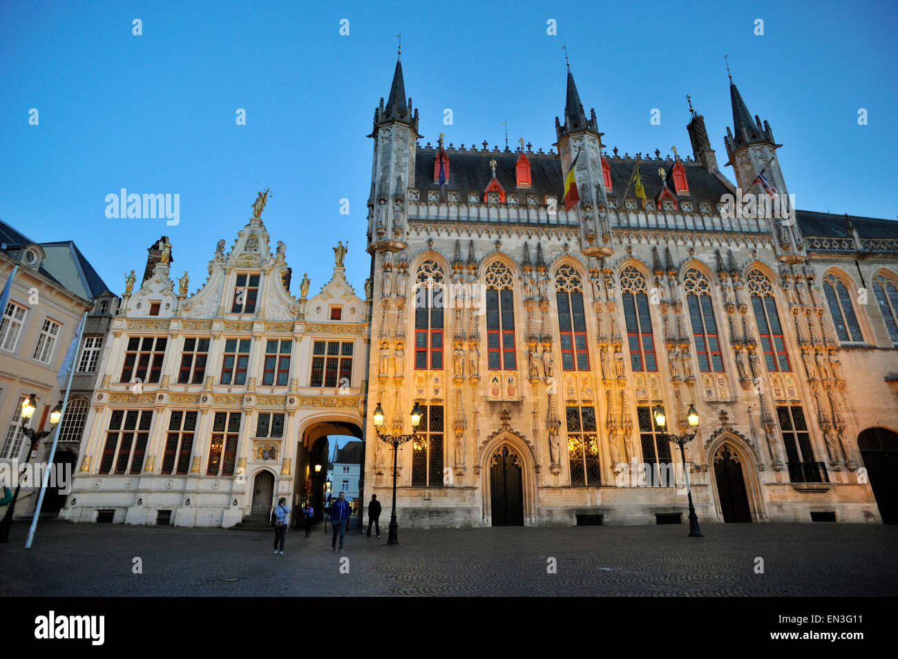 belgium, bruges, burg square, town hall, brugse vrije and stadhuis ...