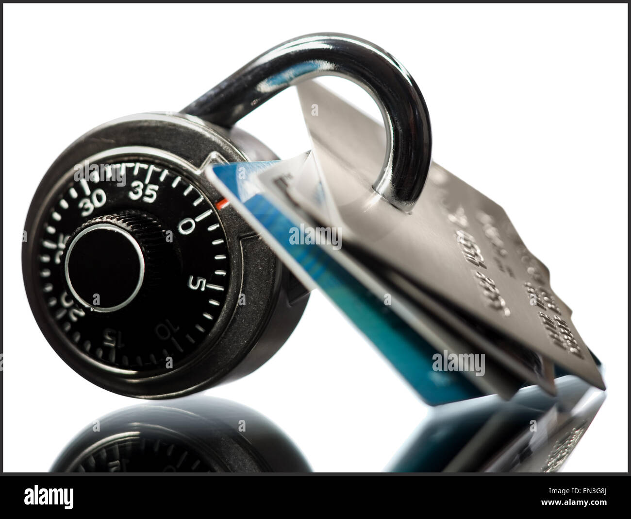 Combination lock with four bank cards Stock Photo - Alamy