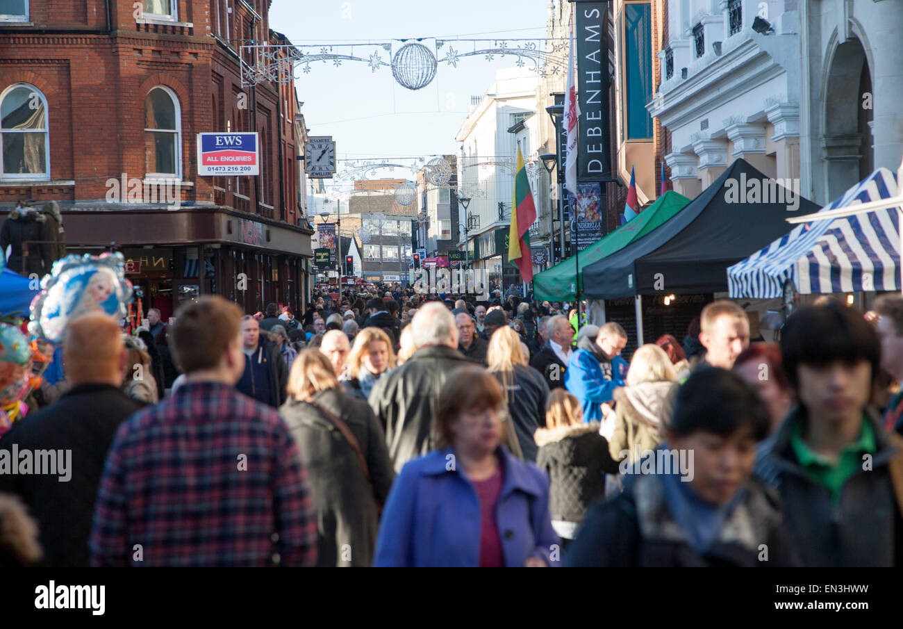 Crowds of people Christmas shopping in town centre of Ipswich, Suffolk ...