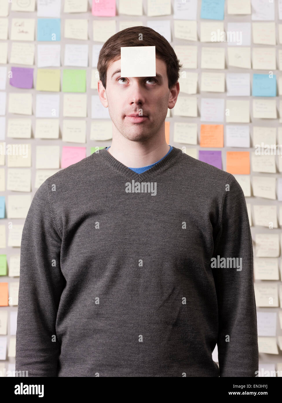 Studio shot of young man looking at post-it note on forehead Stock ...