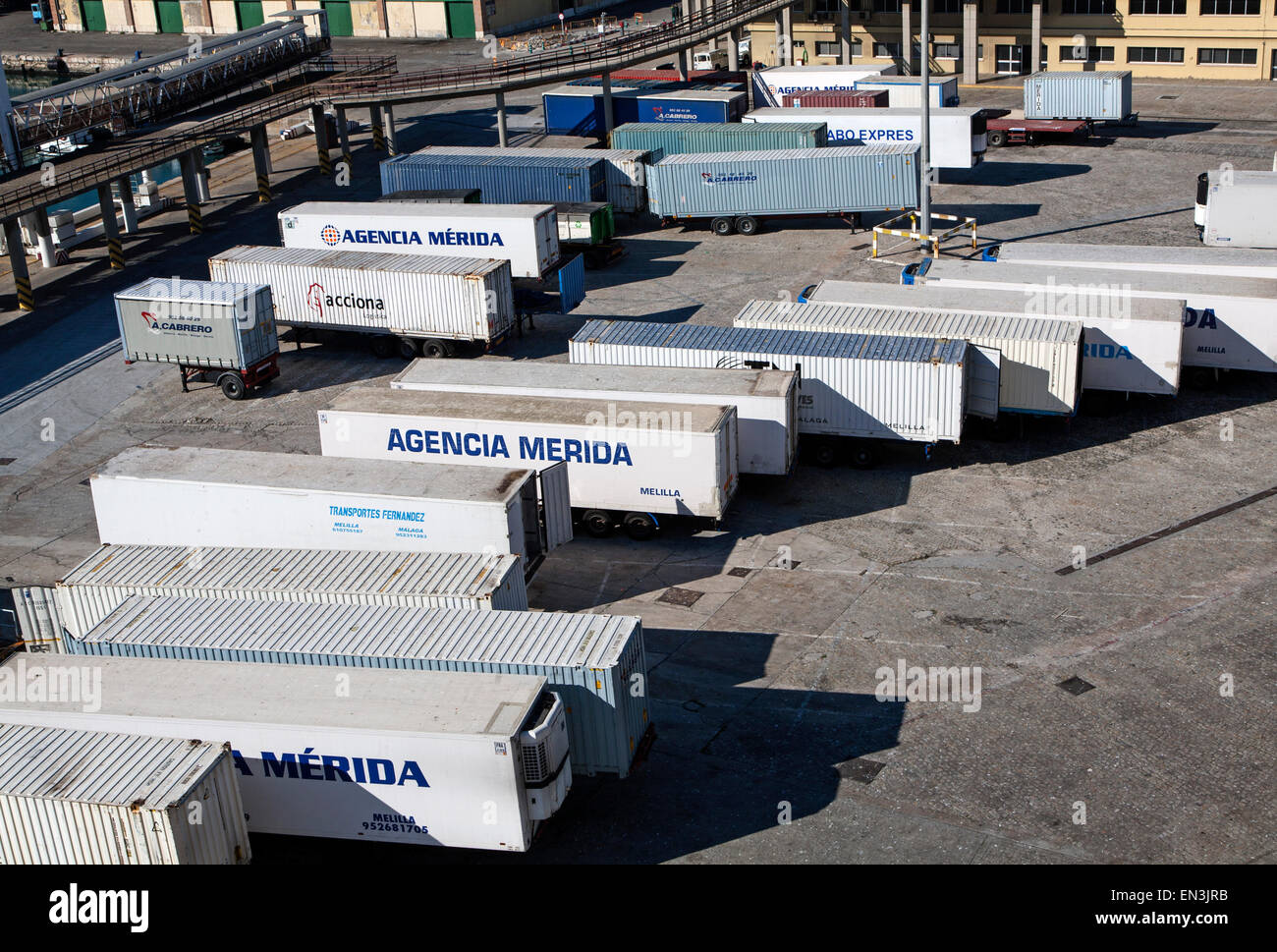 Vehicle containers on the quayside in the port of Malaga, Spain Stock ...