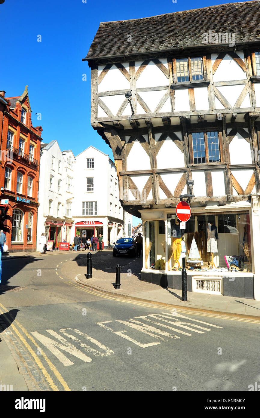 Tudor jettying on a building in the historic market town of Ludlow ...