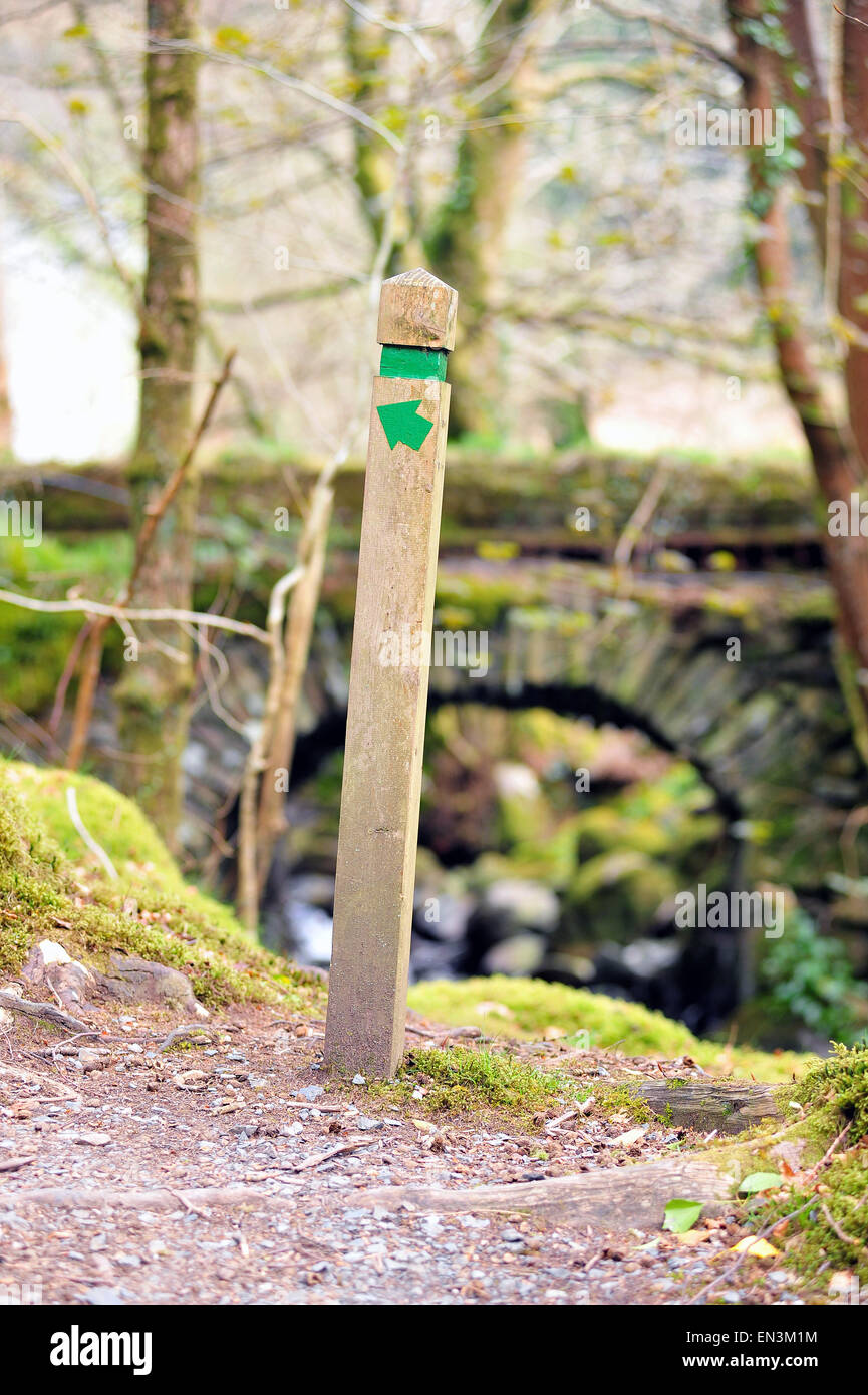A green wooden footpath marker on a walking trail in Mid Wales Stock ...