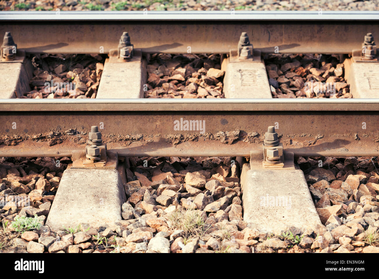 Side view of modern railway details, close-up photo with selective ...