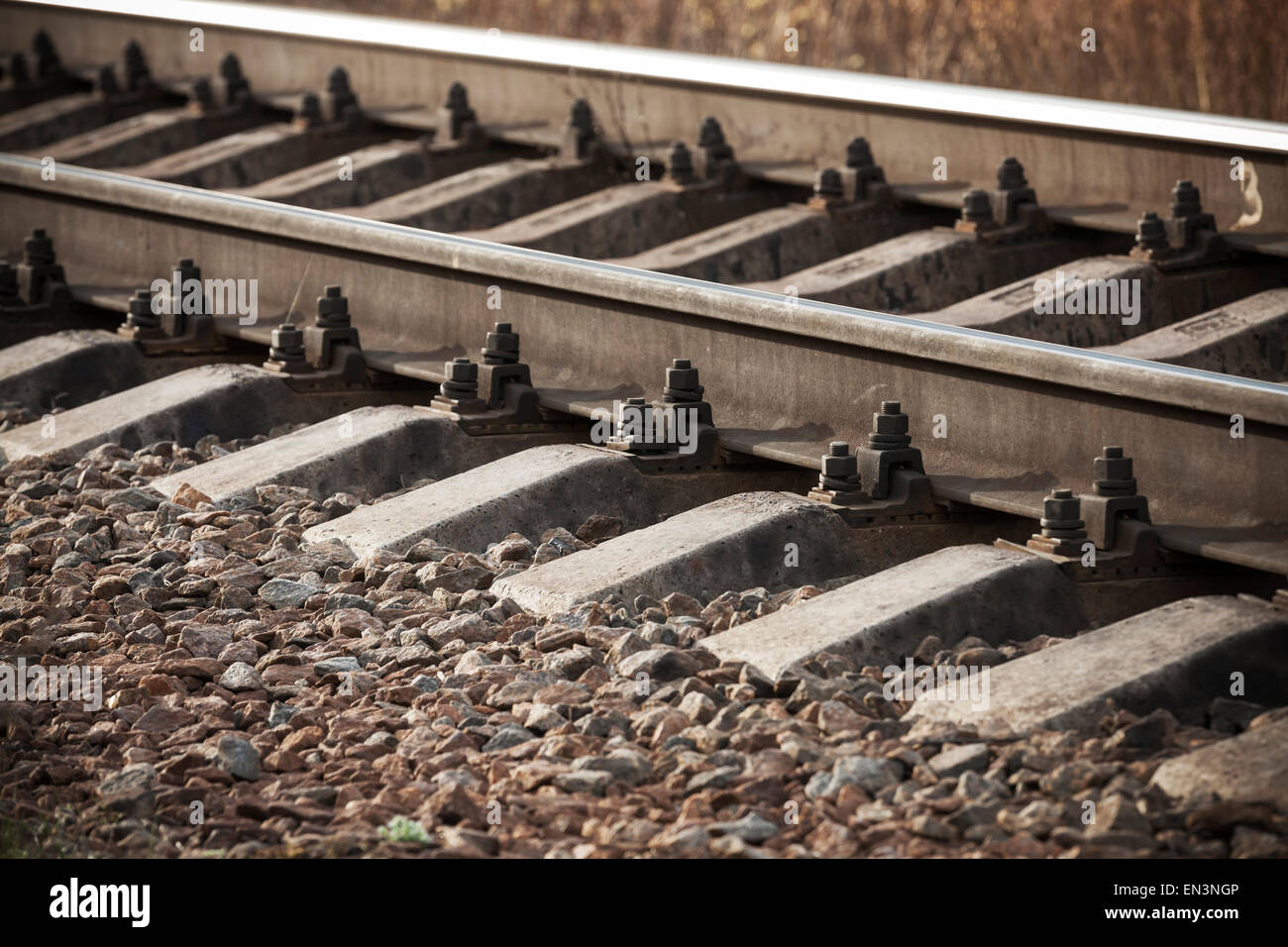 Modern railway details, close-up photo with selective focus and shallow ...