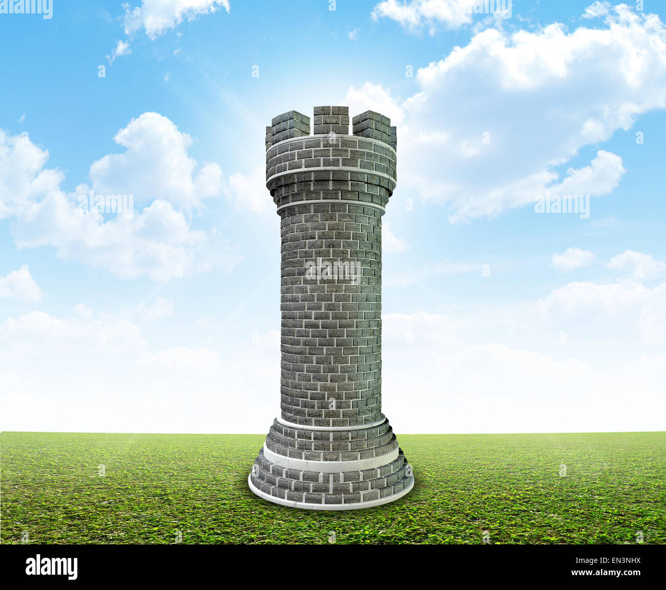 A monolithic chess castle on a perfect flat green lawn against a blue ...