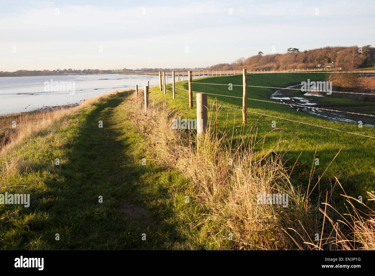 Newly repaired river flood defence wall, River Deben, Ramsholt, Suffolk ...