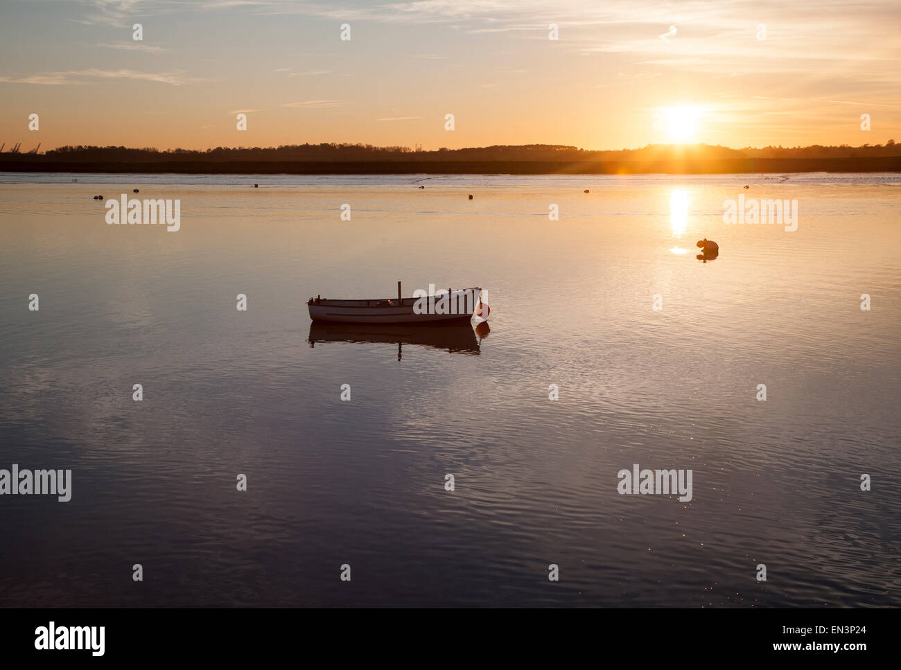 Boats at moorings at sunset on the River Deben, Ramsholt, Suffolk ...