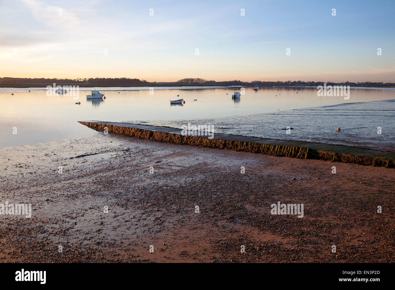 Boats at moorings at sunset on the River Deben, Ramsholt, Suffolk ...