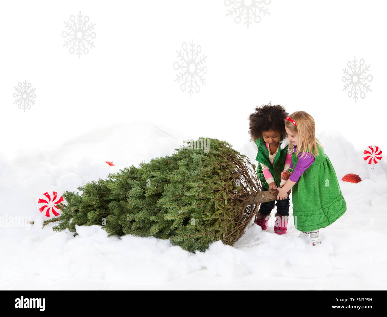 Two girls (18-23 months,4-5) pulling christmas tree Stock Photo - Alamy