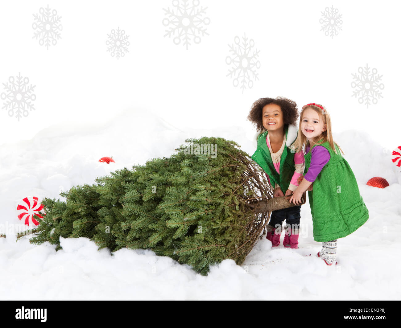 Two girls (18-23 months,4-5) pulling christmas tree Stock Photo - Alamy