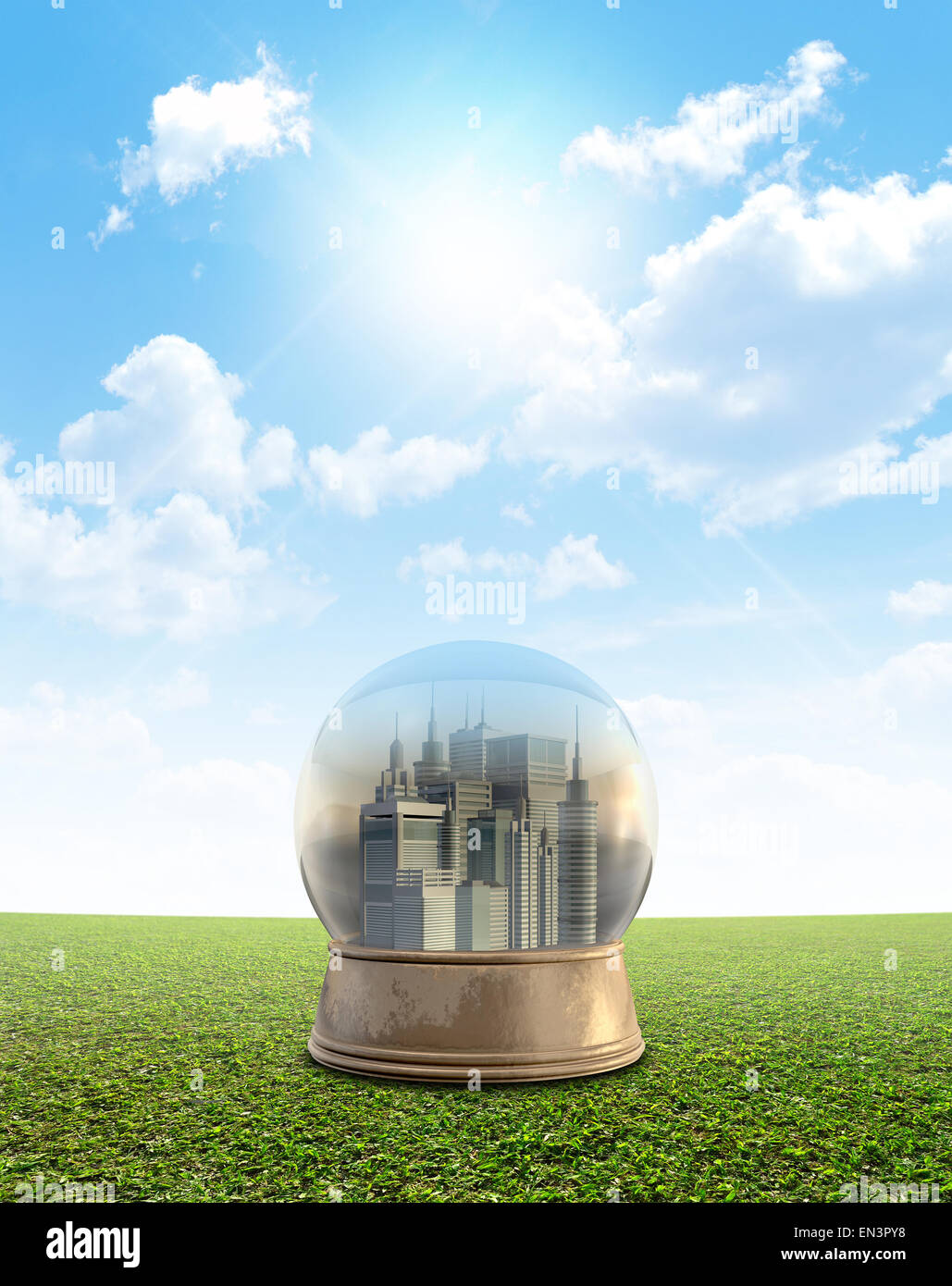 A snow globe with a city surrounded by pollution and smog on a perfect ...