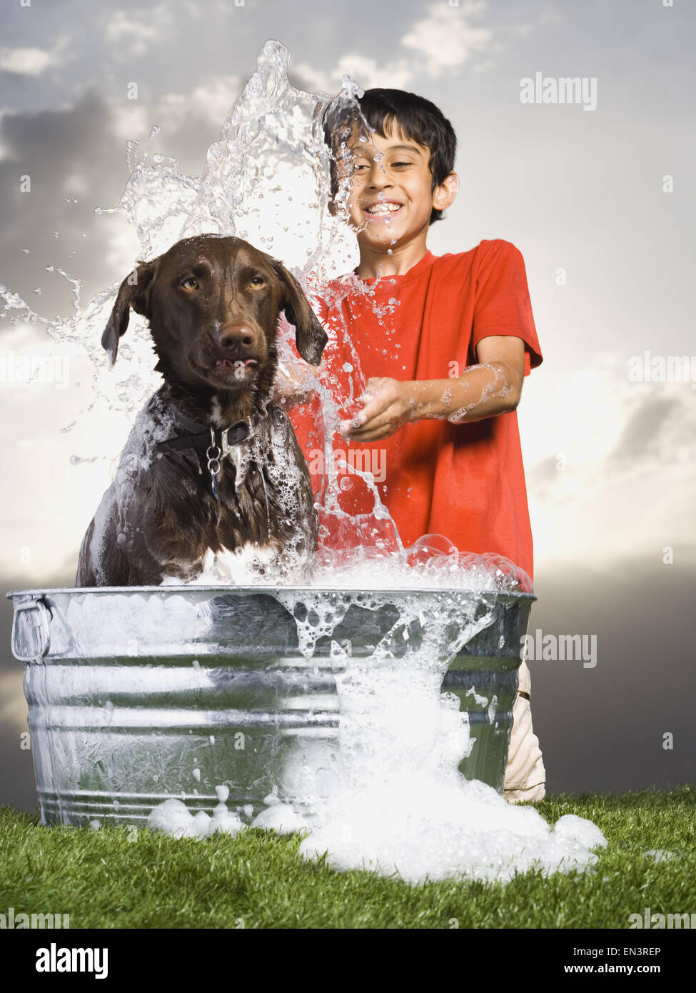 Boy washing dog hi-res stock photography and images - Alamy