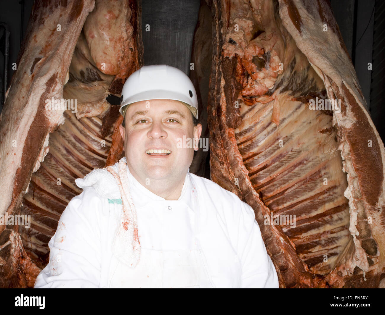 Butcher standing with hanging carcass and knife Stock Photo - Alamy