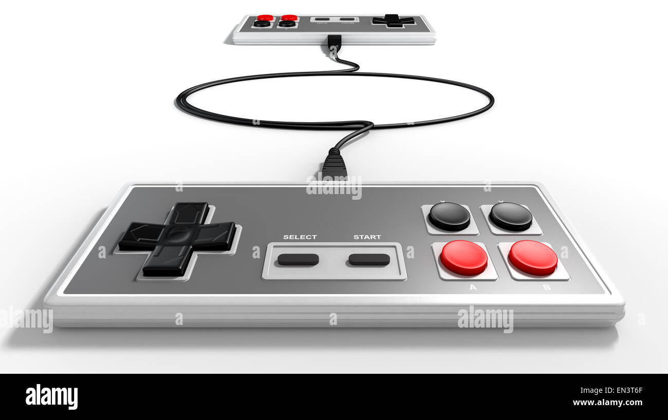 Two opposing vintage rectangular gaming controllers connected by their ...