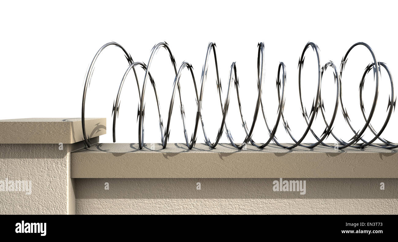 A view of a regular domestic wall with plaster capping and razor wire ...