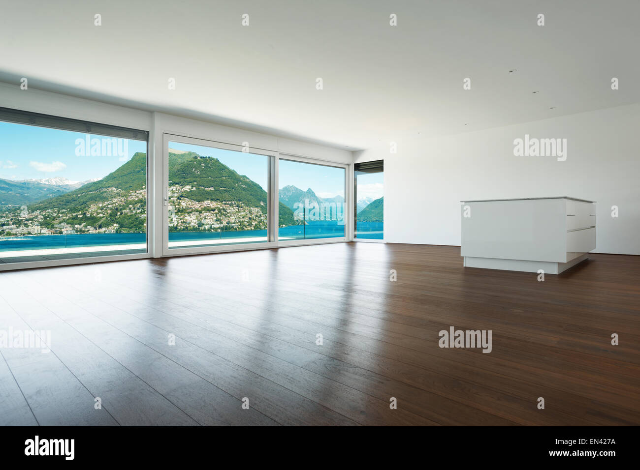 Interior, modern house, empty room with window overlooking the lake ...