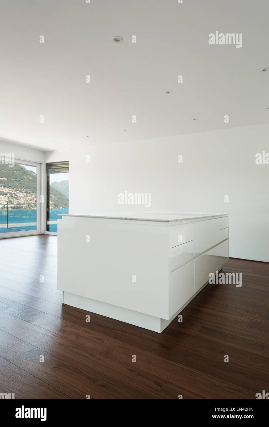 beautiful empty apartment, hardwood floor, modern kitchen Stock Photo ...