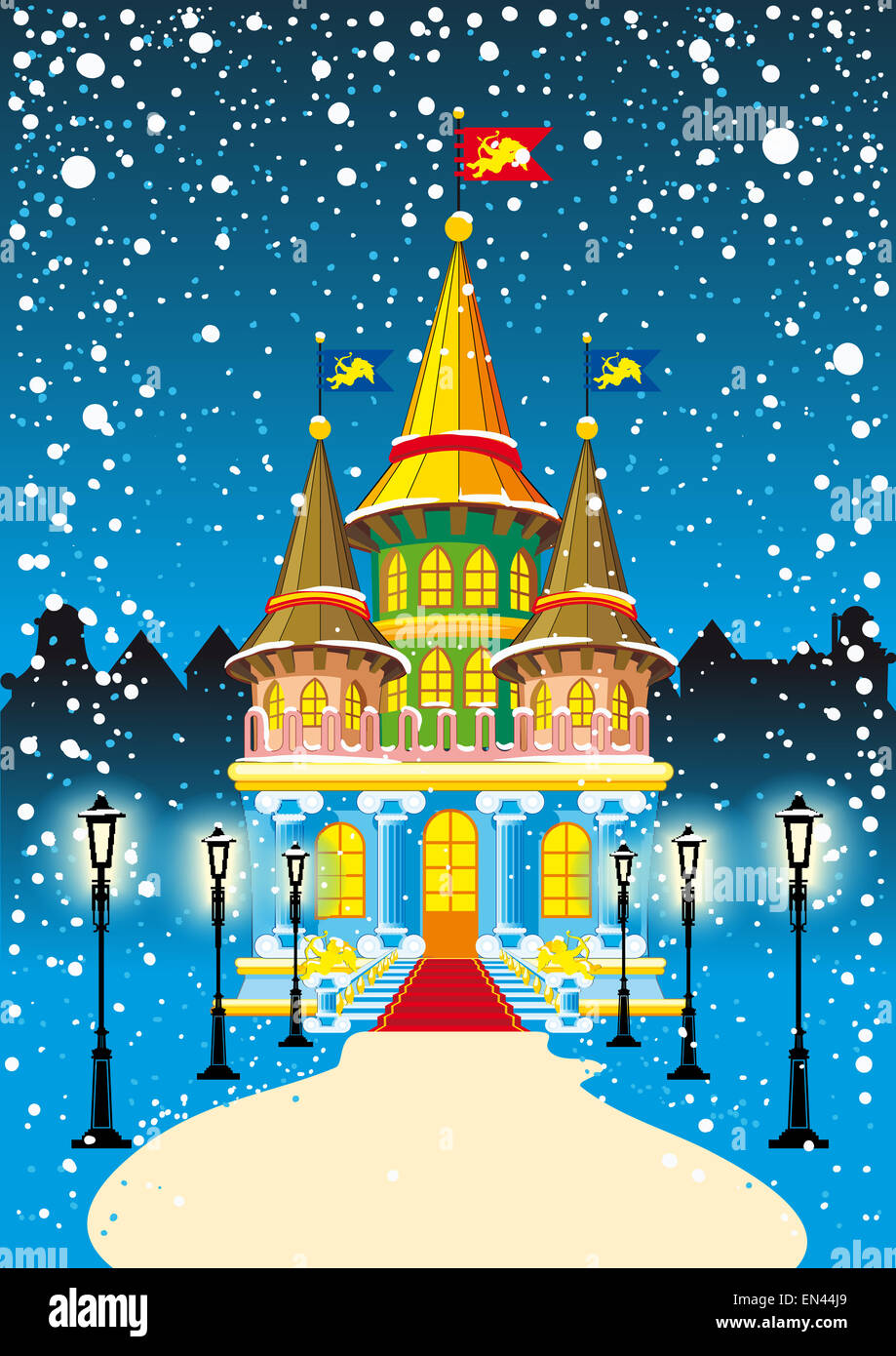 fairy princess castle at night during snowfall Stock Photo - Alamy