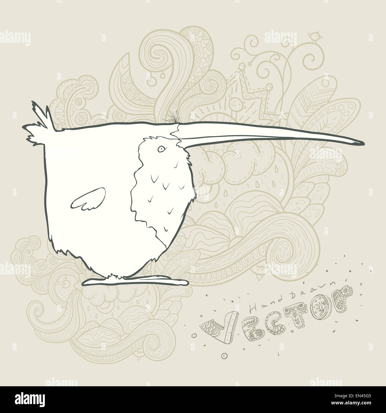 Illustration hand drawn vector retro cartoon bird with abstract floral ...