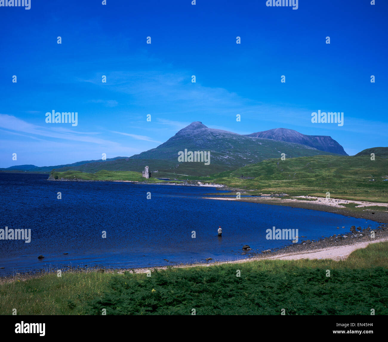 Fly fishing by Ardvreck Castle, Loch Assynt, Assynt, with Quinag in the ...