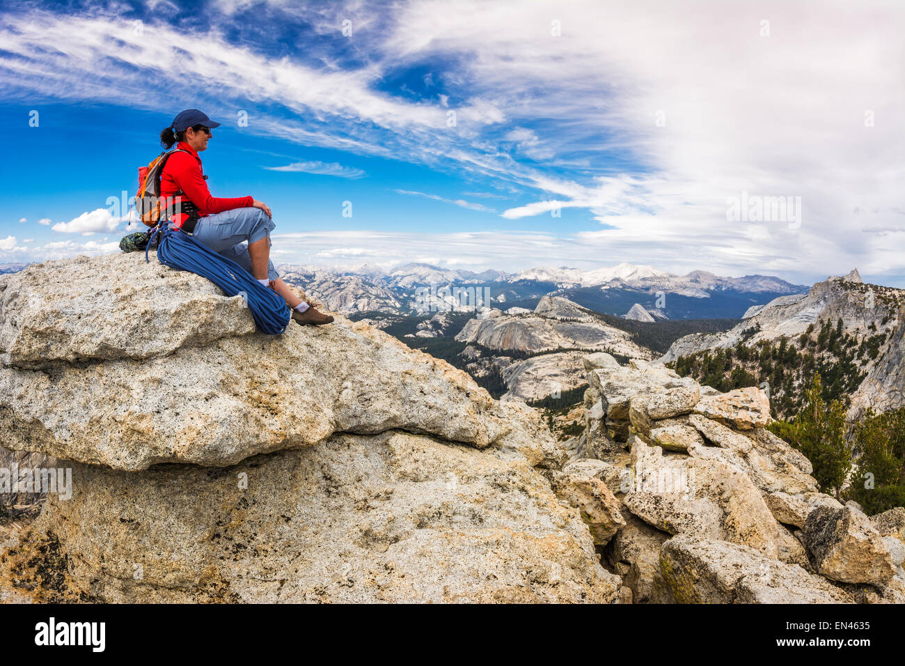 Rock climber on Tenaya Peak, Tuolumne Meadows, Yosemite National Park ...