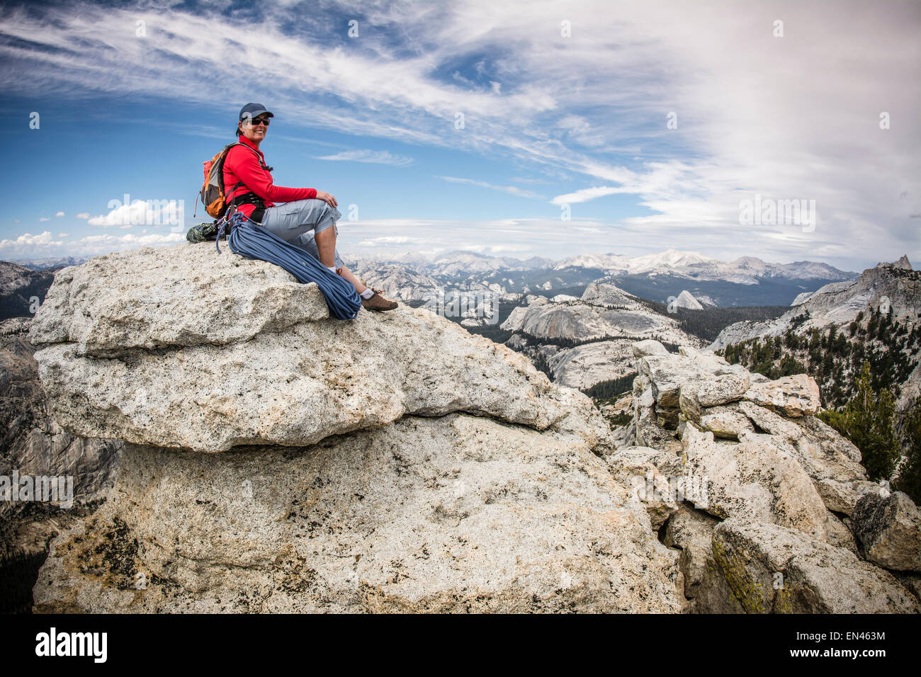 Rock climber on Tenaya Peak, Tuolumne Meadows, Yosemite National Park ...