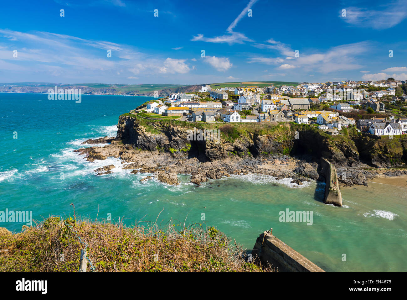 Overlooking the harbour at the pretty fishing village of Port Isaac on ...
