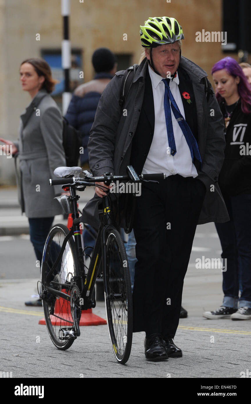 Mayor of London Boris Johnson riding his bike to BCC studios Featuring ...