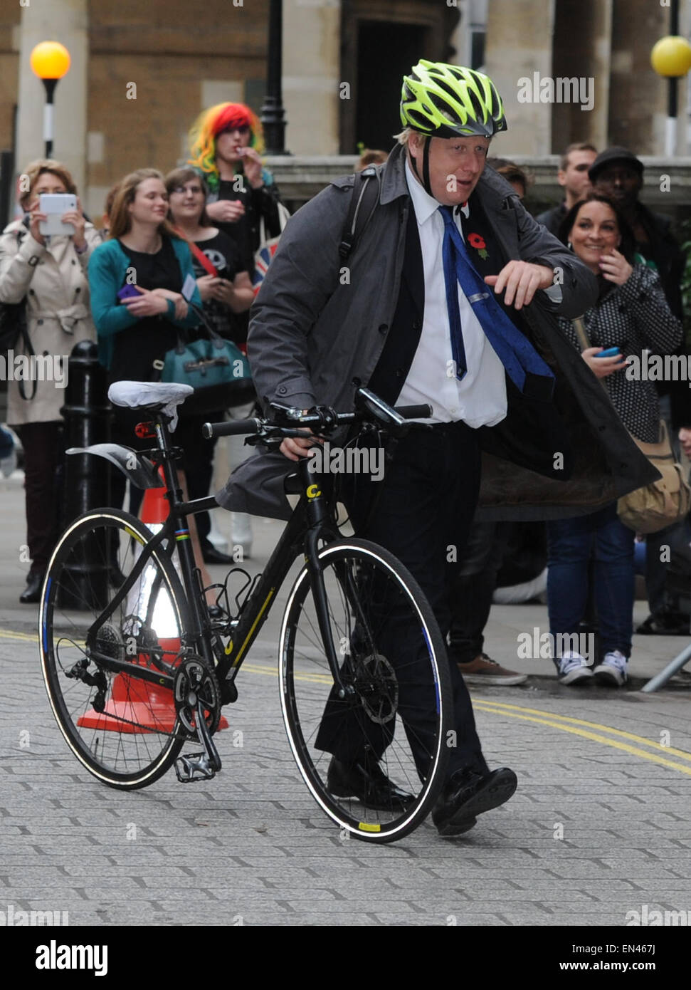 Mayor of London Boris Johnson riding his bike to BCC studios Featuring ...