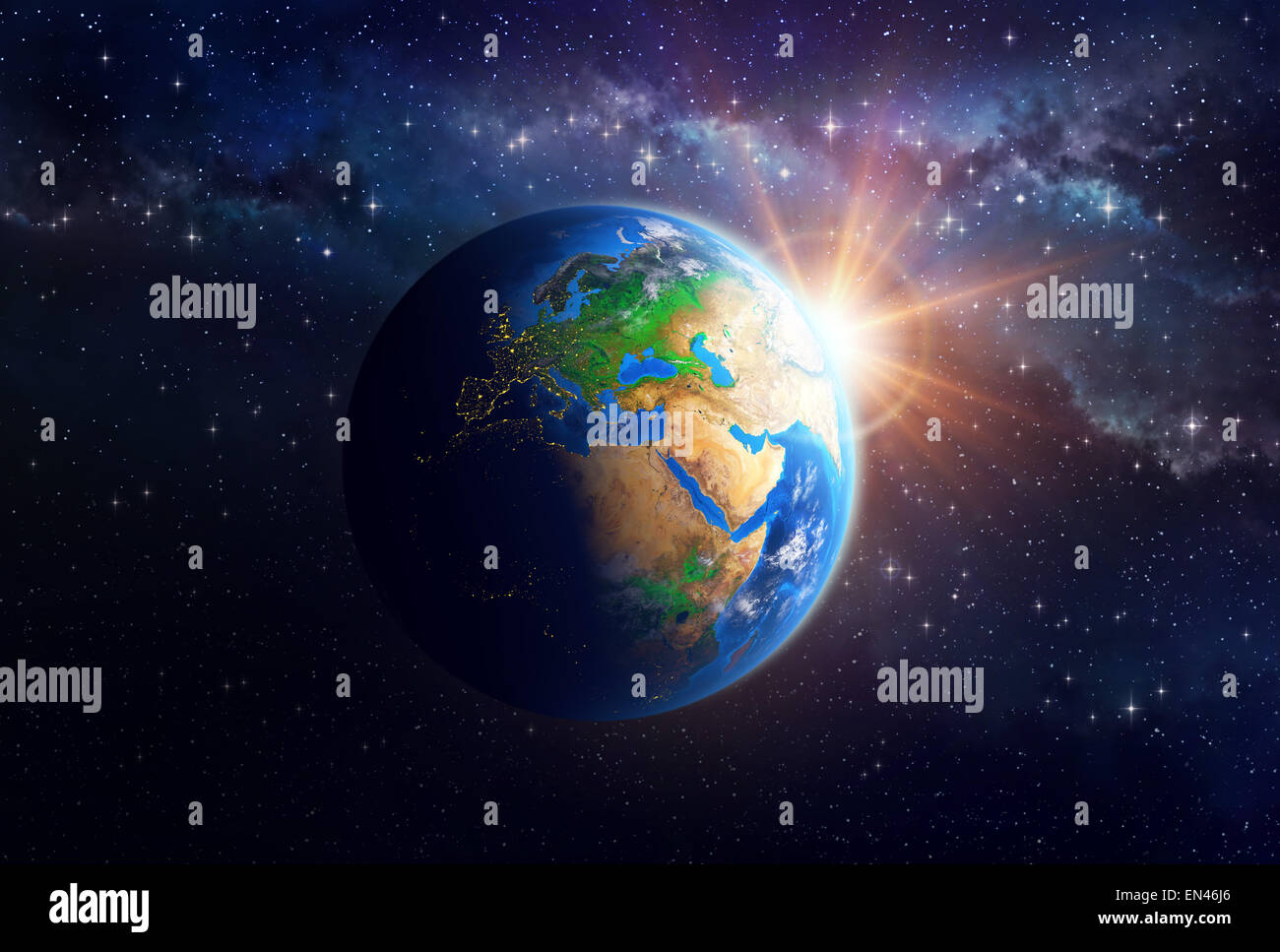 Illuminated face of the Earth. Detailed view of European, African and ...