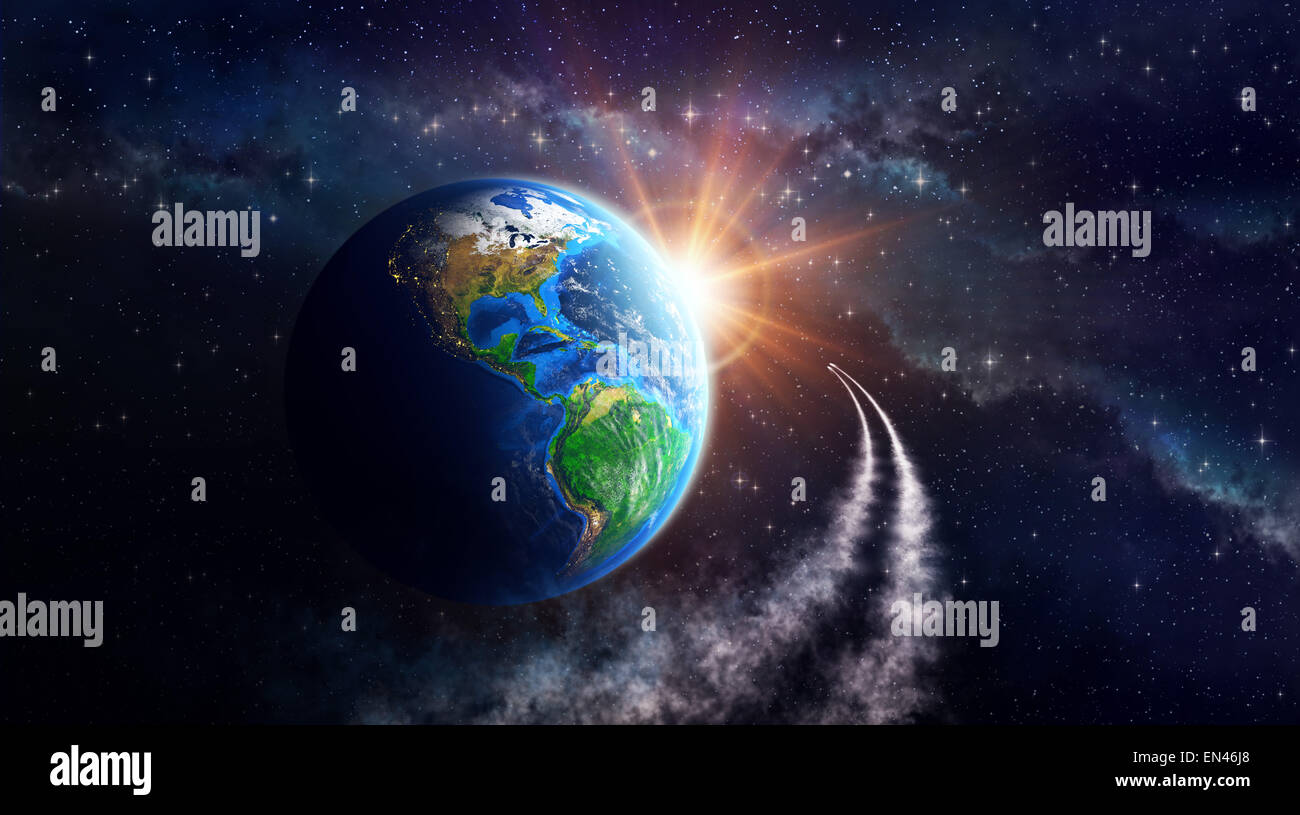 Earth in outer space, celestial body in orbit. View of American ...