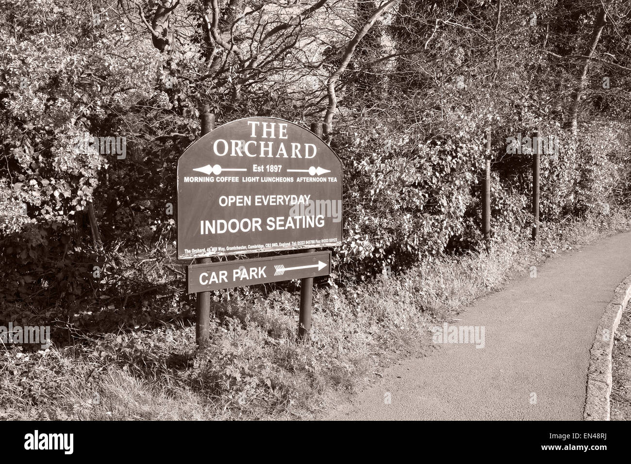 Roadside sign to The Orchard pub in Grantchester near the Meadows, used ...