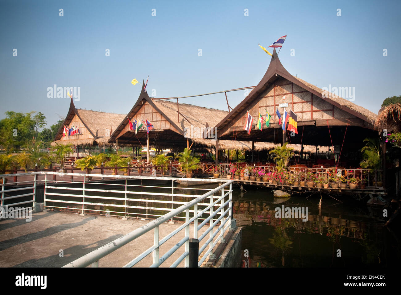 Wooden floating restaurant by the bridge of river kwai, Kanchanaburi ...