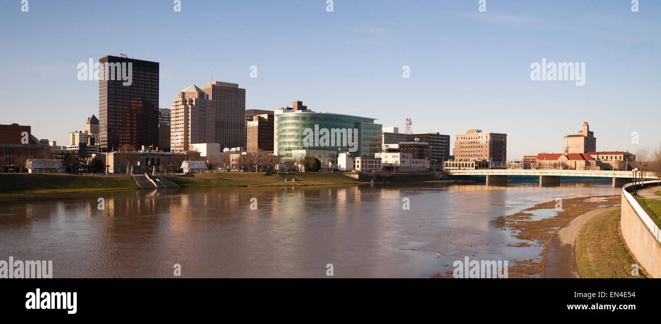 Sunrise comes to the Miami River flowing through Dayton Ohio Stock ...