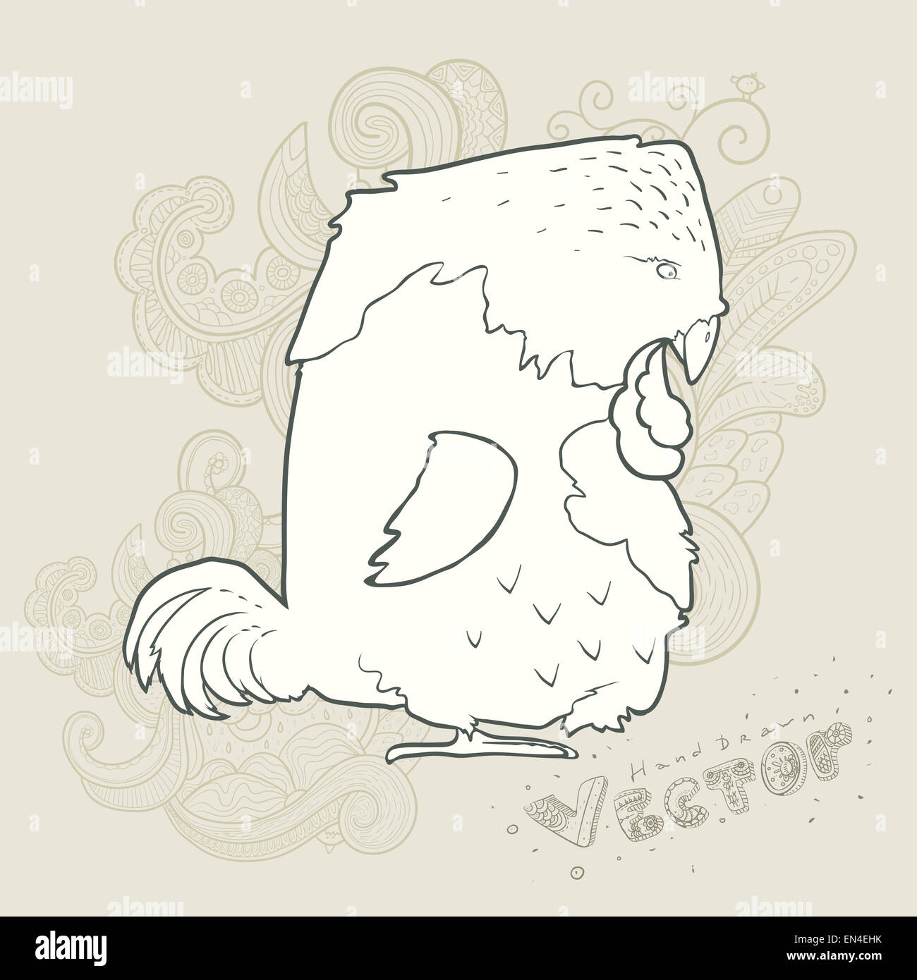 Illustration hand drawn vector retro cartoon bird with abstract floral ...