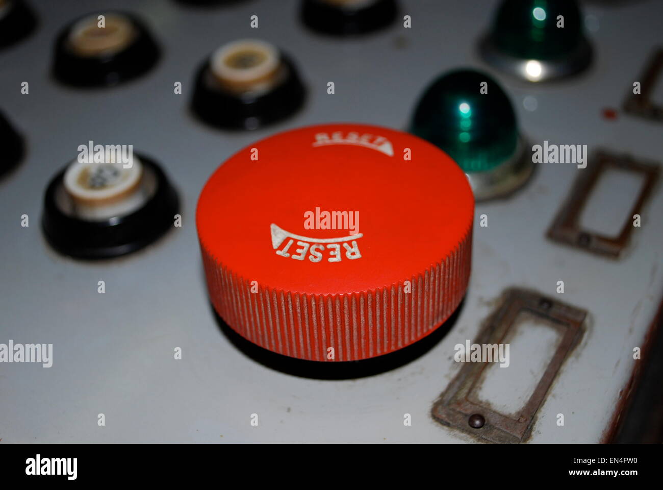 Red reset button on telecommunications equipment in the Reunification ...