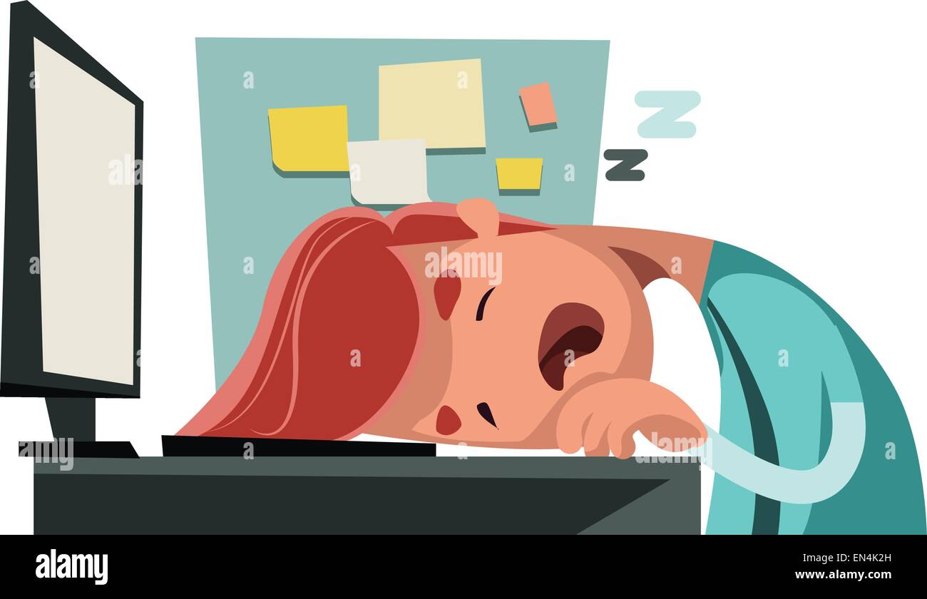 Sleeping at office on computer vector illustration cartoon character ...