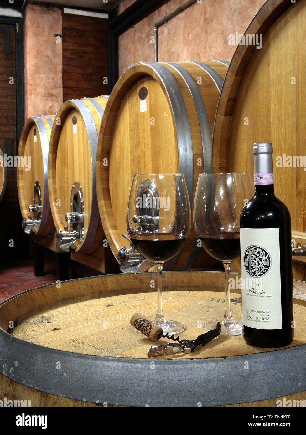 traditional wooden barrel for aging of italian red wine like barolo and ...